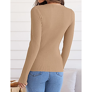 ZESICA Women's Long Sleeve Crewneck Shirts Spring Knit Sweater Slim Fitted Casual Basic Tee Tops,Toffee,Medium