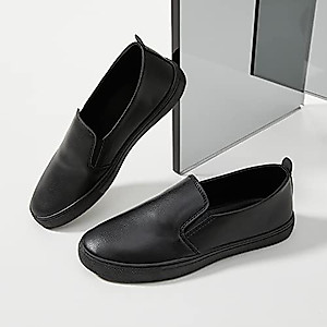 hash bubbie Womens White PU Leather Sneakers Low Top Tennis Shoes Casual Walking Shoes（Full Black.US7）