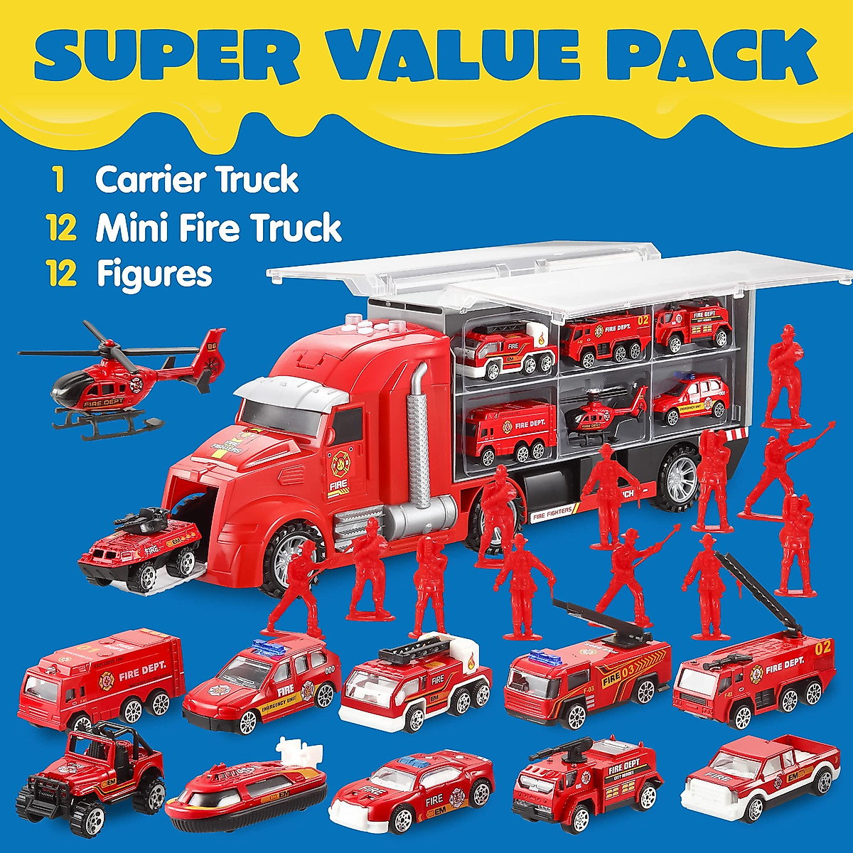 JOYIN 25 in 1 Fire Truck Vehicle Toy Set with Sounds and Lights, Fire Engine Vehicles in Carrier Truck, Mini Rescue Emergency Fire Truck Car Toy, Birthday Gifts for Over 3 Years Old Boys