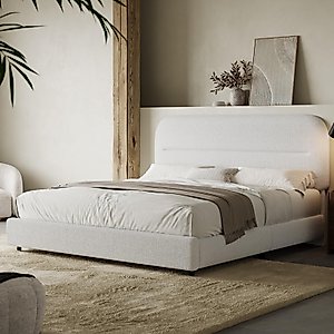HOMBCK Queen Size Boucle Bed Frame, Upholstered Bed Frame with Headboard, Soft Cloud Bed Frame with Thickened Footboard, Rounded Corners, No Box Spring Needed, Easy Assembly, White