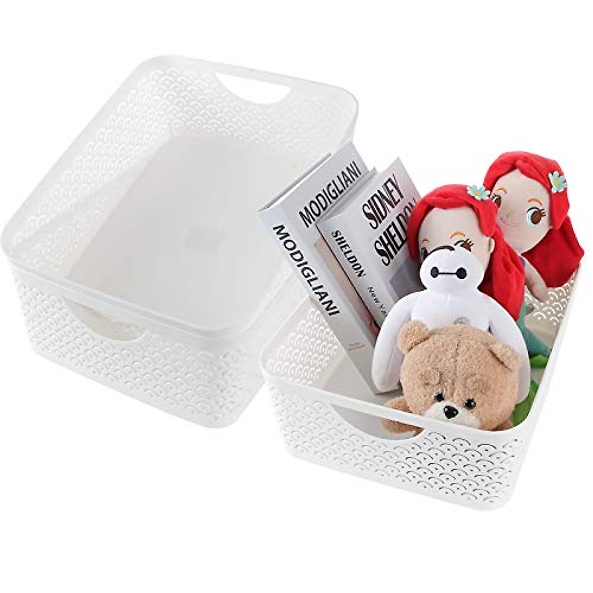 STARVAST 3 Pack Plastic Storage Baskets, Portable White Fish Scale Pattern Hollow Desktop Storage Bin Box with Handle for Kitchen, Bathroom, Kids Room or Nursery Storage – 13.8 x 11.2 x 5.1 inches