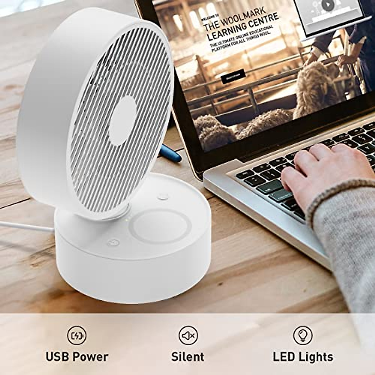XONHUALX Desk Fan with LED Lights, 7.5-Inch Auto Oscillating Table Fan with 3 Wind Speed USB Powered, Quiet Portable Desktop Fan for Bedroom, Office, Living Room