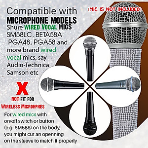 RhymKawa B58 Silver Mic Handle Sleeve Replacement Fit for Most Wired Vocal Microphones and SM58LC, Beta 58A, Rhinestones Cover Shining on Tours & TV Shows (MIC NOT Included)
