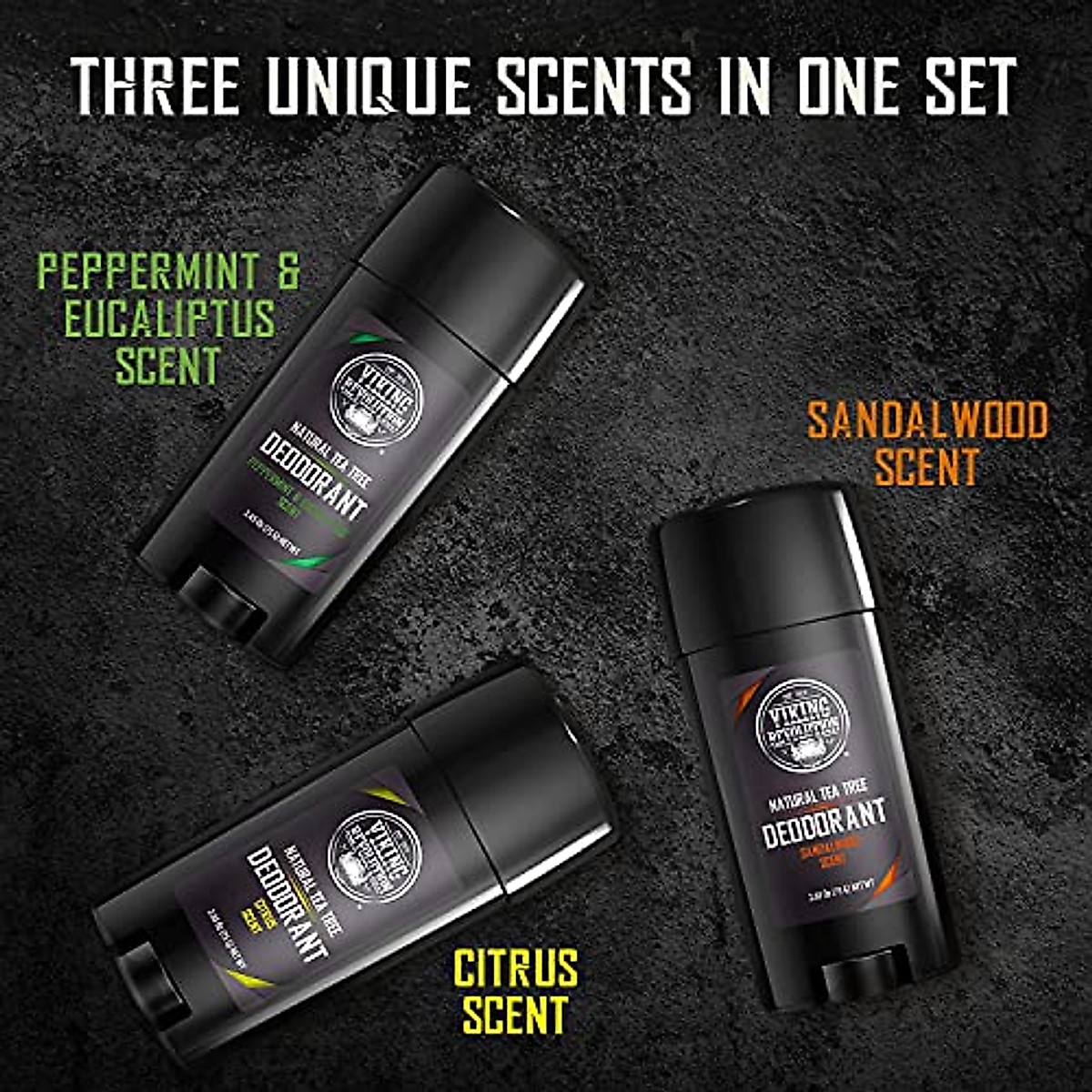 VIKING REVOLUTION - 3 Pack Natural Mens Deodorant, Aluminum Free Deodorant for Men - Long-Lasting Odor Protection and Freshness with All Natural Scents: Citrus, Peppermint & Eucaliptus, Sandalwood