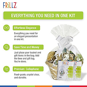 FRILLZ Cellophane Gift Basket Supply Kit, Includes 4 Clear Basket Bags, 4 Easy-pull Bows,4 gift tags and 24 adhesive dots. Create 4 elegant gift baskets with this kit.