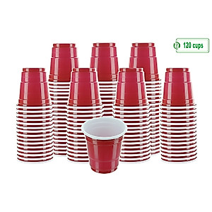 Disposable Shot Glasses - Mini Red Party Cups - 120 Count 2 Ounce - Plastic Shot Cups - Jello Shots - Jager Bomb - Beer Pong - Perfect Size for Serving Condiments, Snacks, Samples and Tastings