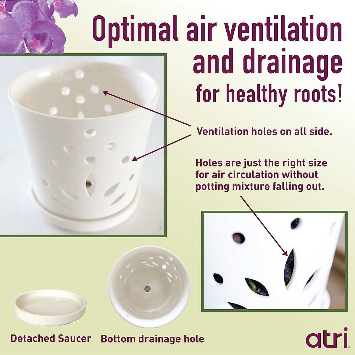 Atri Orchid Pot with Holes–6.5" Porcelain Indoor Orchid Planter–Large Orchid Pots for Repotting–Ceramic Orchid Planter–Drainage Holes