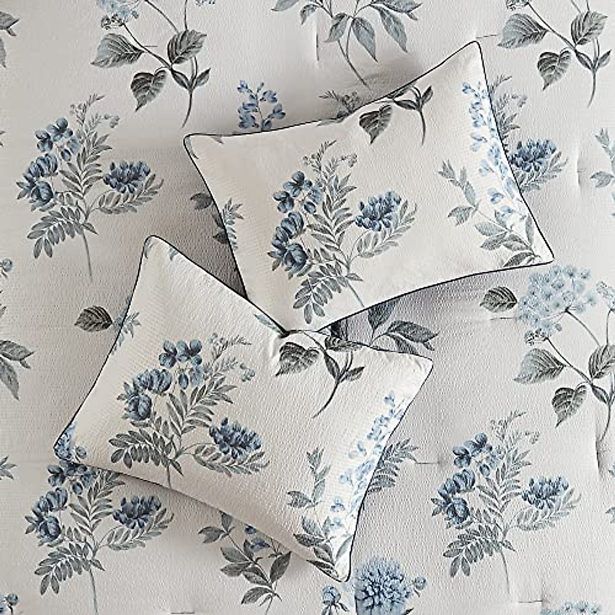 Madison Park Zennia Farmhouse Comforter Set with Throw-Blanket, Floral Print on Seersucker Textures, All Season Bedding, Matching Shams, Toss Pillows, Full/Queen(90"x90"), Blue 7 Piece