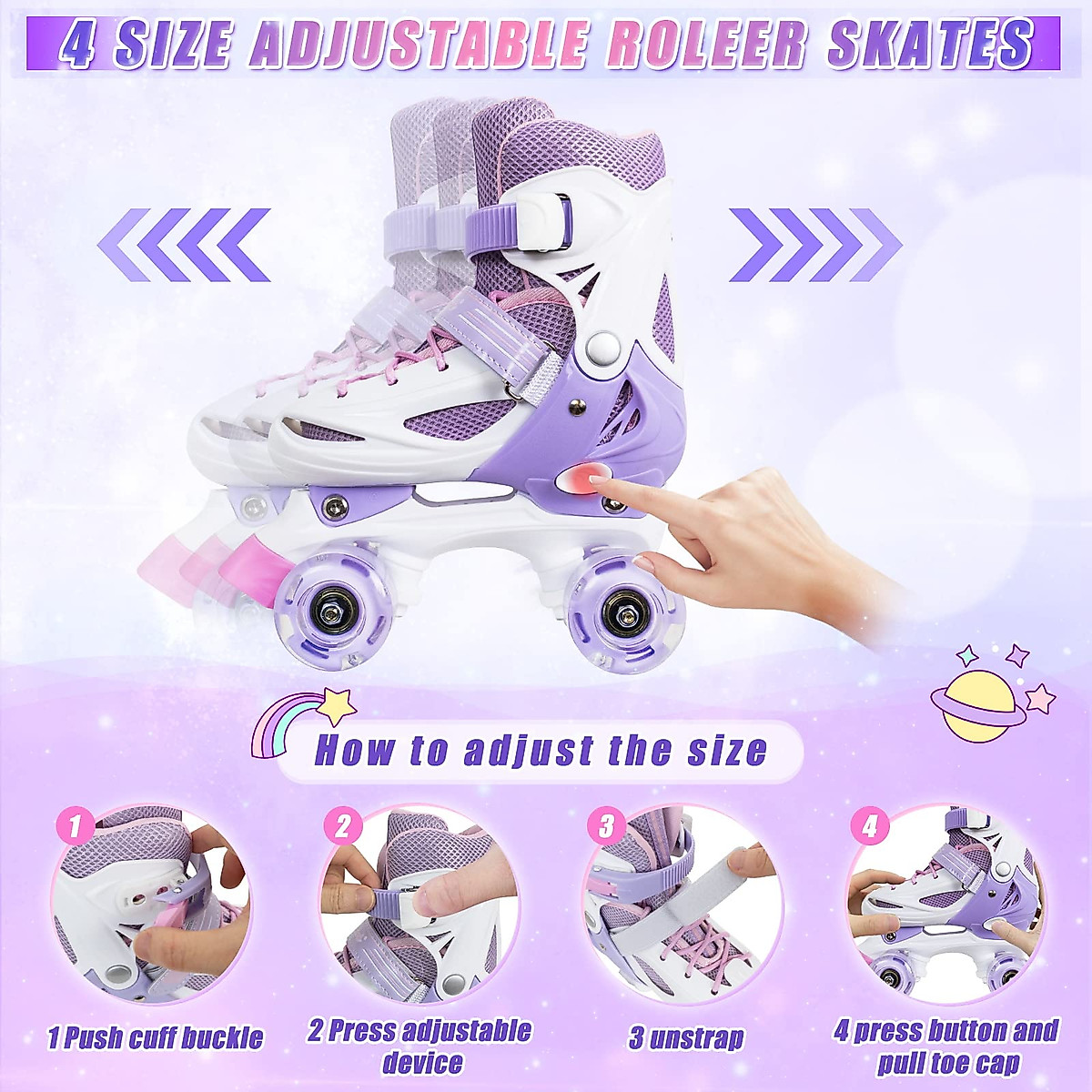 MammyGol Roller Skates for Girls Kids Boys, 4 Sizes Adjustable Quad Toddler Skates Indoor Outdoor Age 5-8 Purple Size 1 2 3 4