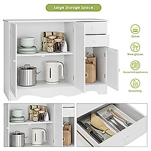 HORSTORS White Sideboard Buffet Cabinet with Storage, Kitchen Buffet Storage Cabinet with 2 Drawers & 3 Doors, Wood Coffee Bar Buffet Table Console Cabinet for Kitchen, Dining Room, White