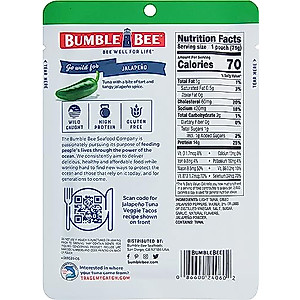 Bumble Bee Jalapeño Seasoned Tuna, 2.5 oz Pouches (Pack of 12) - Ready to Eat - Wild Caught Tuna Pouch - 14g Protein per Serving - No Draining Required