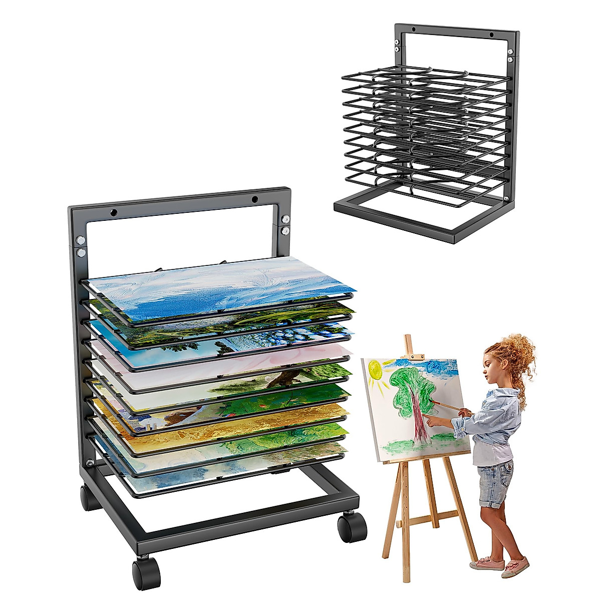 WISIMMALL Art Drying Rack, Paint Drying Rack with 9 Removable Shelves,Wall Art Storage Drying Rack with Wheels for Classrooms & Art Studios(9 Shelves)