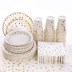 hapray 193 PCS Disposable Paper Plates Gold Party Supplies, Golden Polka Dots Birthday and Baptism Decorations, include Plates and Cups, Napkins, Plastic Tablecloth for Baby Shower Wedding Christmas