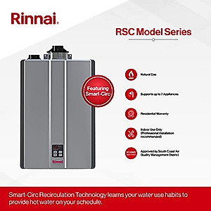 Rinnai RSC199iN Smart-Circ Condensing Gas Tankless Water Heater, Super High Efficiency Plus Natural Gas Water Heater, Up to 11 GPM, Indoor Installation, 199,000 BTU