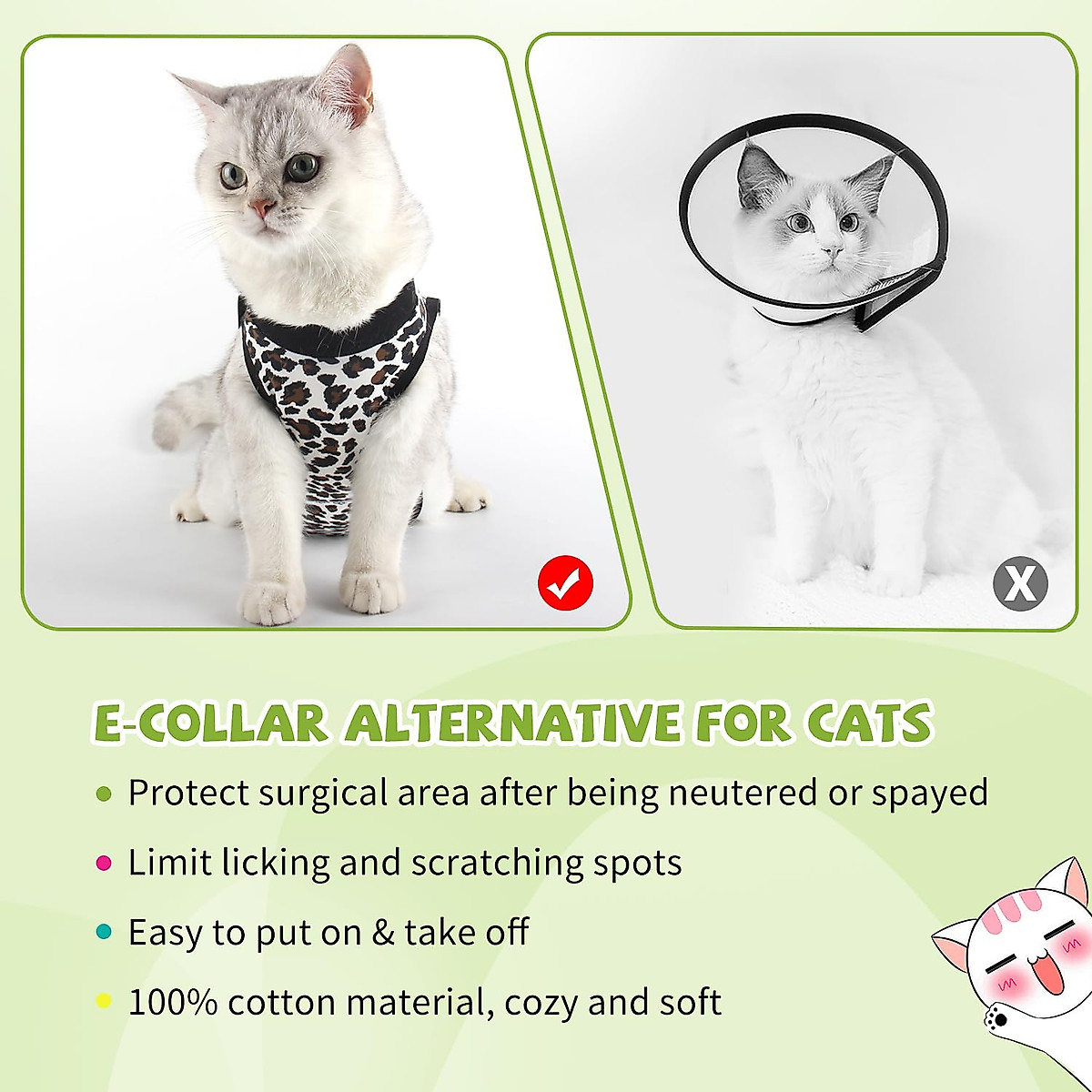 Pawcomon 2 Packs Cat Surgery Recovery Suit Surgical Clothes Abdominal Wounds Anti-Licking Cat Bodysuit Onesie Substitute E-Collar& Cone