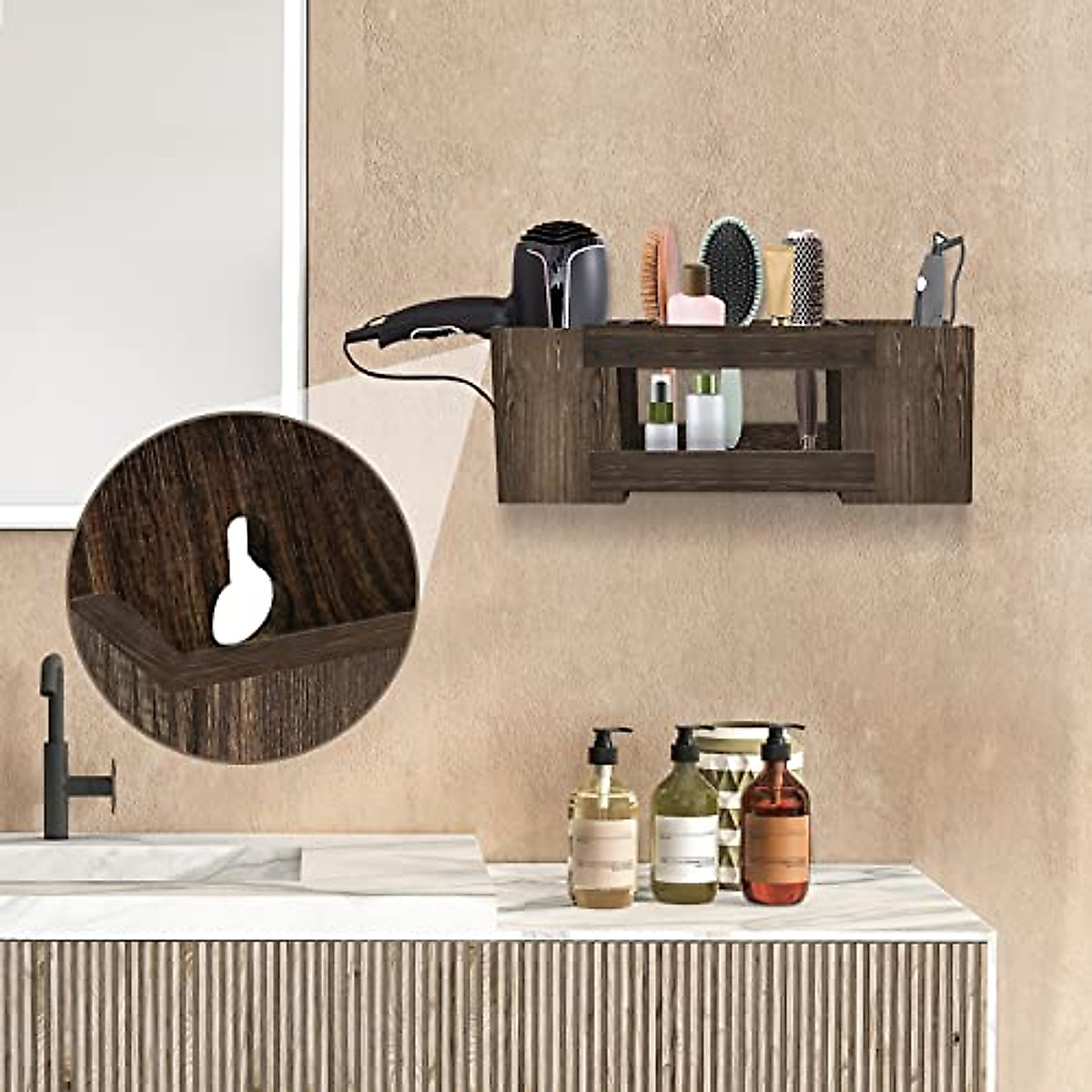 Wood Hair Tool Organizer, Hair Dryer Holder Wall Mount Hair Styling Product Care Tools Organizers Storage, Bathroom Vanity Countertop Blow Storage Stand for Flat Irons, Hot Curling Wand