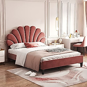 Harper & Bright Designs Full Size Upholstered Platform Bed with Flower Pattern Velvet Headboard, Bean Paste Red
