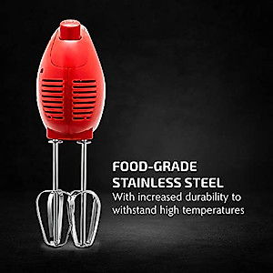 OVENTE Portable 5 Speed Mixing Electric Hand Mixer with Stainless Steel Whisk Beater Attachments & Snap Storage Case, Compact Lightweight 150 Watt Powerful Blender for Baking & Cooking, Red HM151R