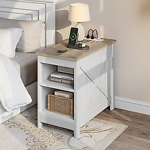 YITAHOME End Table with Charging Station, Narrow Side Table with Storage Shelf, Farmhouse Nightstand with Storage for Small Spaces, Living Room, Bedroom, Grey Wash