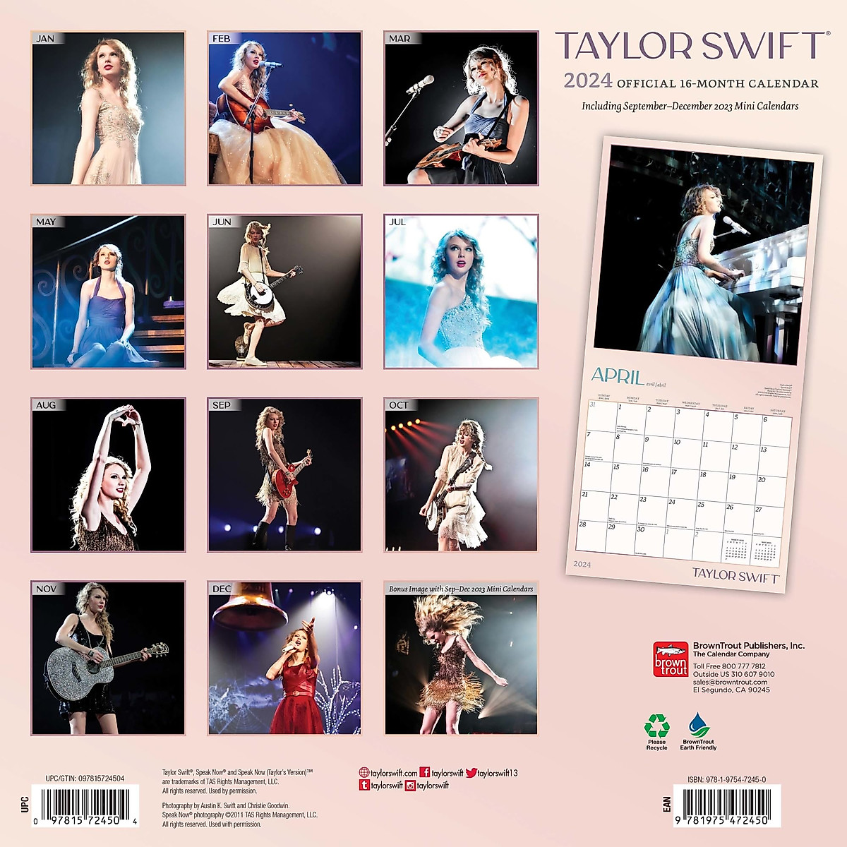 2024 Brown Trout Monthly Square Wall Calendar, 12" x 24", Taylor Swift, January To December 2024