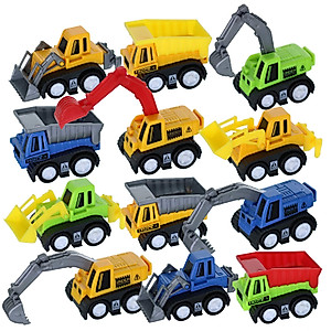 GiftExpress 1dz Mini Pull Back Construction Toy Cars, Educational Preschool Bulldoze Excavator Dump Truck Model Kit for Children Toddlers Kids, for Boys Party Favors