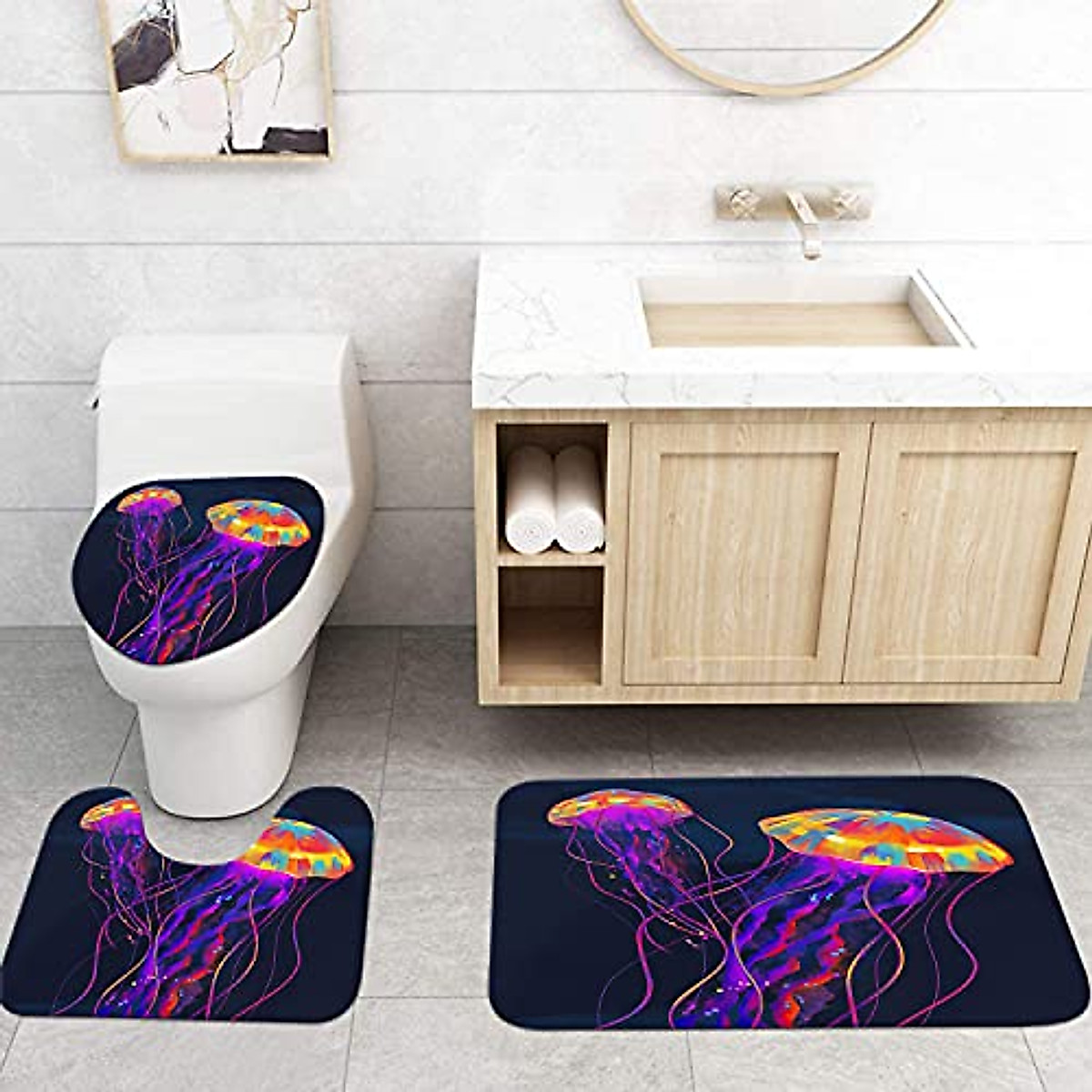 DuoBaorom 4 Pieces Set Jellyfish Shower Curtain Set Abstract Ocean Marine Animal Picture on Non-Slip Rugs Toilet Lid Cover Bath Mat and Bathroom Curtain with 12 Hooks 72x72inch