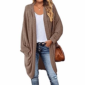 MEROKEETY Women's 2024 Fall Waffle Knit Batwing Long Sleeve Cardigan Loose Open Front Sweater Coat, Brown, XX-Large