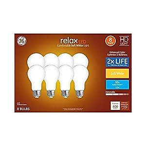 GE Relax 8-Pack 60 W Equivalent Dimmable Soft White A19 LED Light Fixture Light Bulbs