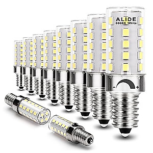 ALIDE Dimmable E12 Led Bulbs 6000k Daylight White 5W,Replace 40 Watt E12 Halogen Equivalent,T6 Base 120V E12 C7 LED Candelabra Bulbs Bright White for Ceiling Fan Chandelier Lighting,450lm,10Pack