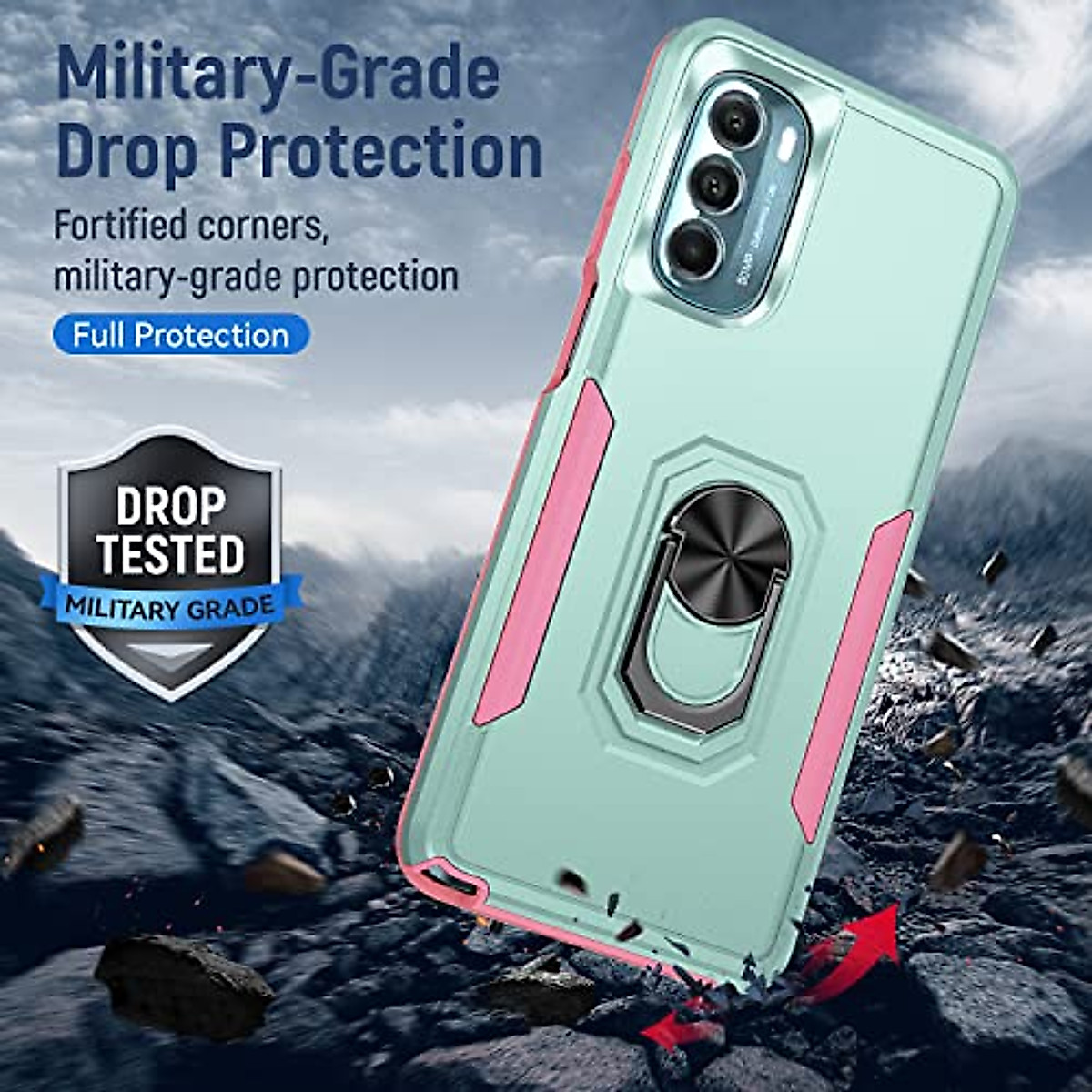 KSELF Moto G Stylus 5G 2022 Case: Shockproof Military-Grade, Ring Kickstand, Tempered Glass Protector (Green & Pink)