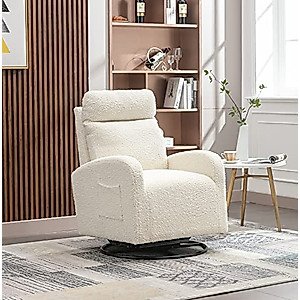 Kurhwyss Swivel Glider Chair for Nursery, Modern Rocker Chair with High Back and Storage Pocket, Upholstered Accent Rocking Chair with Solid Metal Base for Living Room, Bedroom (Cream White Teddy)