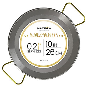 Machika Stainless Steel Paella Pan | Cooking Pan | Stainless Steel Skillet for Paella and Rice Recipes | Stainless Steel Valencian Paella Pan with Gold Handles | 4 Servings | 12 Inches |
