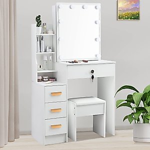 Saihemei Vanity Desk, Makeup Table with Mirror and Lights, Bedroom Table Vanity Set with 4 Drawers, 3 Lighting Modes Brightness Adjustable for Women Girls