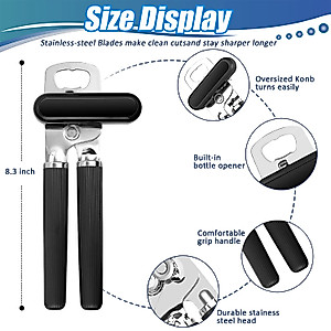 Can Opener Vertical Grain Non-slip Soft Handle Stainless Steel Manual Can Opener Oversized Easy Turn Knob Sharp Cutting Wheel Good Grips with Built-in Bottle Opener