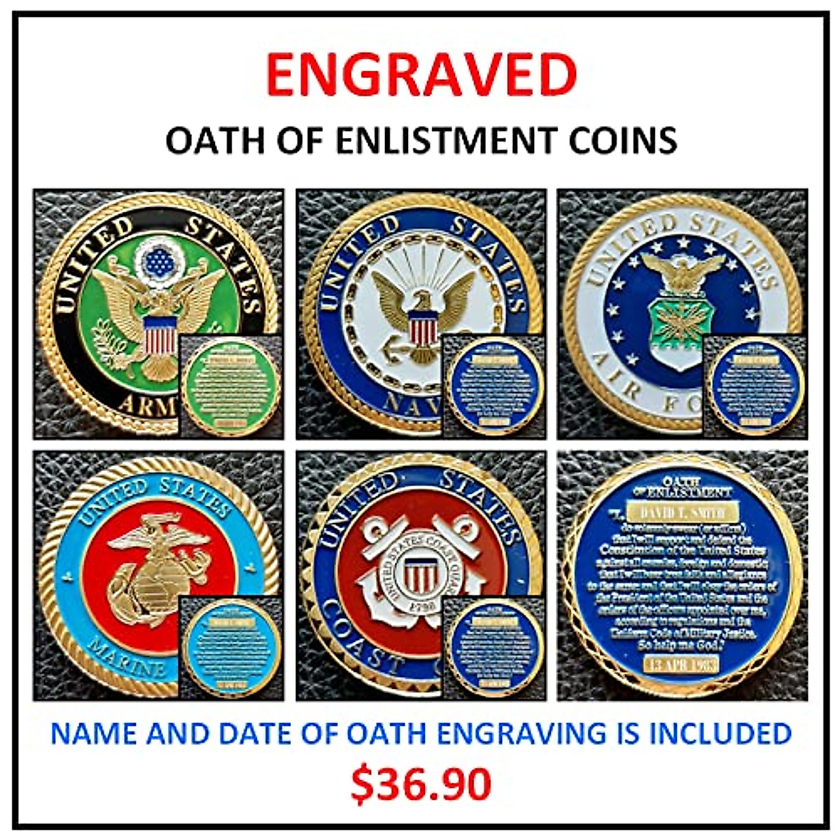 Challenge Coin-US Army Oath of Enlistment Engraved with Name and Date of Oath