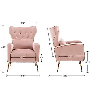 Kmax Velvet Accent Chair Mid-Century Tufted Arm Chair Gold Legs Pillow Wingback Chair for Bedroom Living Room Vanity Reading, Pink, Set of 2