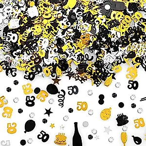 3000 Pieces Happy Birthday Confetti Number 50 Confetti Birthday Cake Confetti Table Scatter Confetti, Black Gold Silver Party Decorations Supplies for Birthday Anniversary (50th Style)