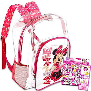 Fast Forward Minnie Clear Backpack - Bundle with Minnie Mouse Backpack for Girls 16 Inch, Minnie Stickers, More | Transparent Minnie Backpack for Kids School Supplies