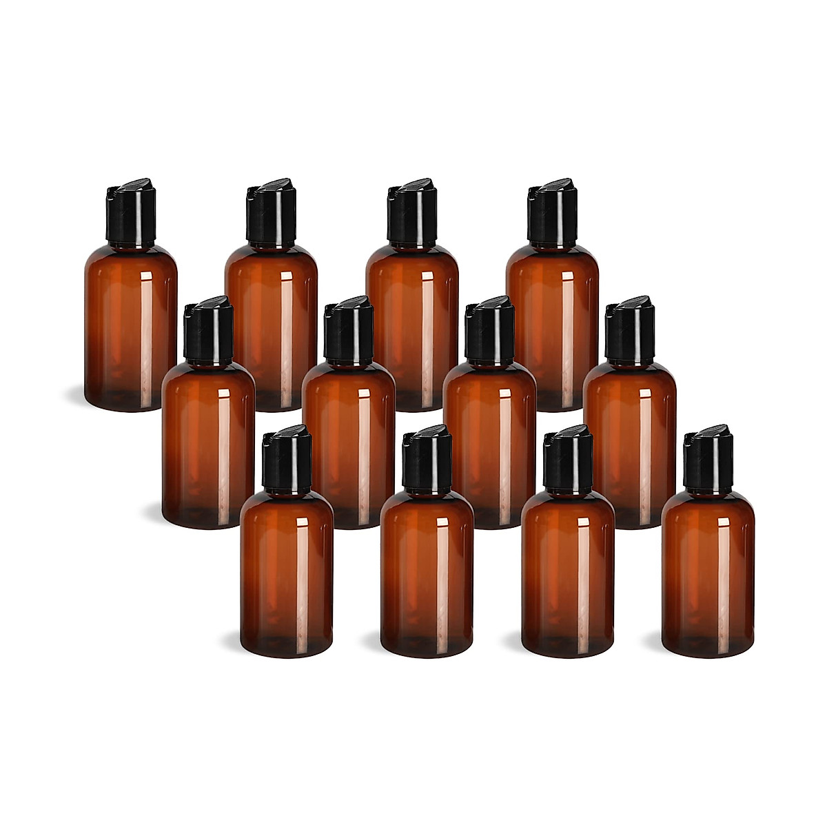 ljdeals 2 oz Amber PET Plastic Refillable Bottles with Black Disc Top Caps, Pack of 12, BPA Free, TSA Approved, Made in USA