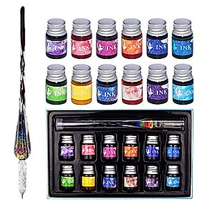 CODACE Glass Dip Pen Ink Set, Calligraphy Dip Pens, Rainbow Crystal Calligraphy Pen and Ink Set with 12 Colorful Inks, Caligraphy Kits for Art, Writing, Signatures, Decoration, Gift
