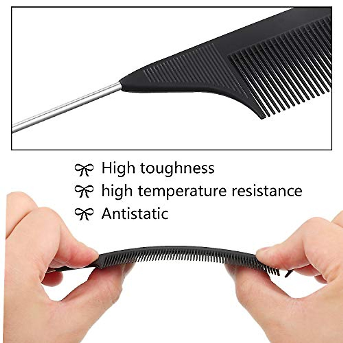 3 Pieces Rat Tail Comb Carbon Fiber Teasing Combs Parting Braids Stainless Steel Pintail Comb Heat Resistant Teasing Comb for Hair Salons