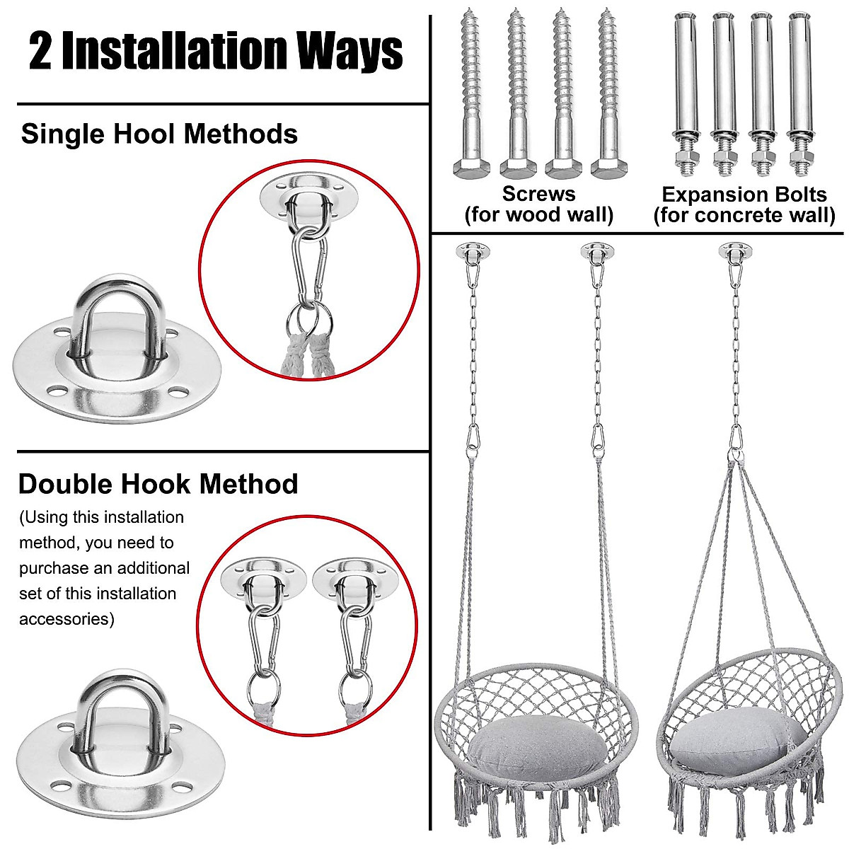 Y- STOP Hammock Chair Macrame Swing, Max 330 Lbs, Hanging Cotton Rope Hammock Swing Chair for Indoor and Outdoor Use, Light Grey
