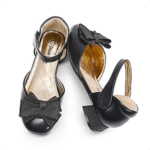 DREAM PAIRS Girls Dress Shoes Closed Toe Low Heels Ankle Strap Bow Ballet Wedding Party Sandals Princess Flower Shoes SDFL2314K Black Size 2 Little Kid