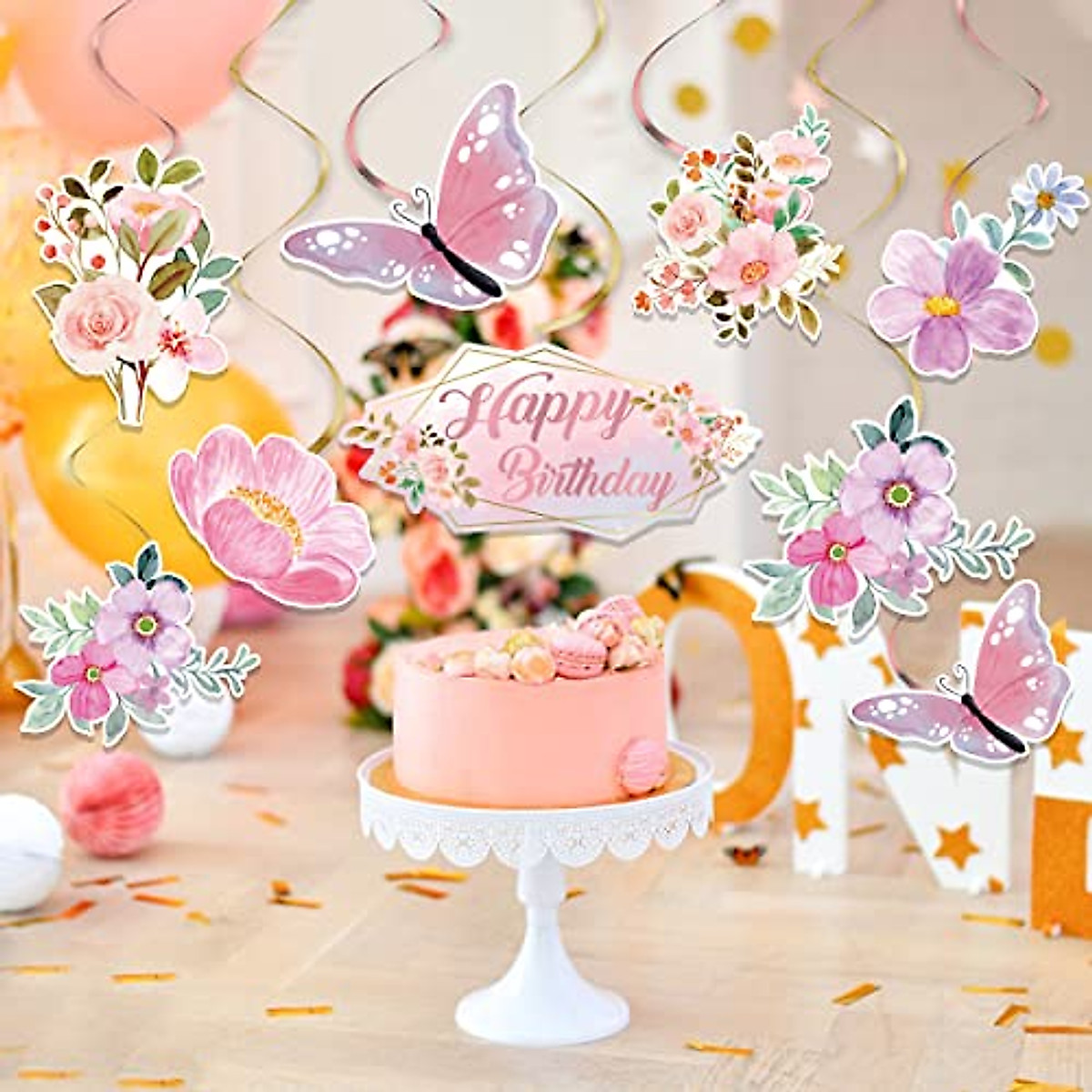 YOOOOXV Flower Birthday Party Decoration, Flower Butterfly Hanging Swirl For Party, Event, Rose Pink Hanging Streamers 13pcs (Hanging Swirl)