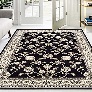 BLUENILEMILLS Shalimar Indoor Area Rug, Floral Trellis Pattern, Palmette Motifs, Super Soft, Durable, Elegant, Oriental, Traditional, Contemporary Style, Jute Backing, Black, 8' x 10'