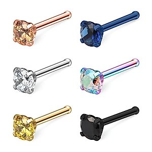 Ruifan 6PCS 18G Surgical Steel Mix Color Diamond CZ Nose Stud Rings Bone Pin Piercing Jewelry 3mm