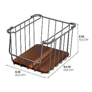 The Ría Safford Collection by iDesign Open Front Wire Basket with Acacia Wood, 10" x 8" x 6", Charcoal