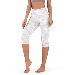 ODODOS Women's High Waisted Printed Yoga Capris with Pocket, Tummy Control Non See Through Workout Sports Running Athletic Capri Leggings, White Camo, Large