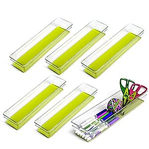 Smart Design Plastic Drawer Organizer - Set of 6 - 12 x 3 Inch - Silicone Bottoms - BPA Free - Utensils, Silverware, Organization - Kitchen - Green