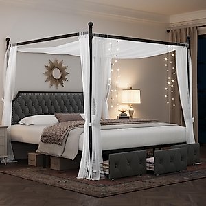 Keyluv King Upholstered Canopy Bed Frame with 3 Drawers and Button Tufted Headboard Metal Platform Bed with 4 Removable Posts Two-Purpose Velvet Bed No Box Spring Needed Dark Grey/Curtain Not Included